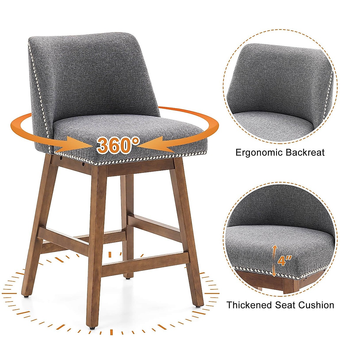 SENYUN Swivel Bar Stools Set of 4, 26" Counter Height Bar Stools with Back, Linen Fabric Upholstered Seat Barstool with Wooden Base for Kitchen Island Dining Room Pub