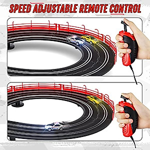 Race Track Toys for Boys Age 8-12 with 2 Loop, 4 Race Cars 1:43 Scale with Headlights, Battery Operated Slot Car Race Track Set, 2 Controllers, Lap Counter, 2 Player Game, Gift for Kids 6+ Year Old