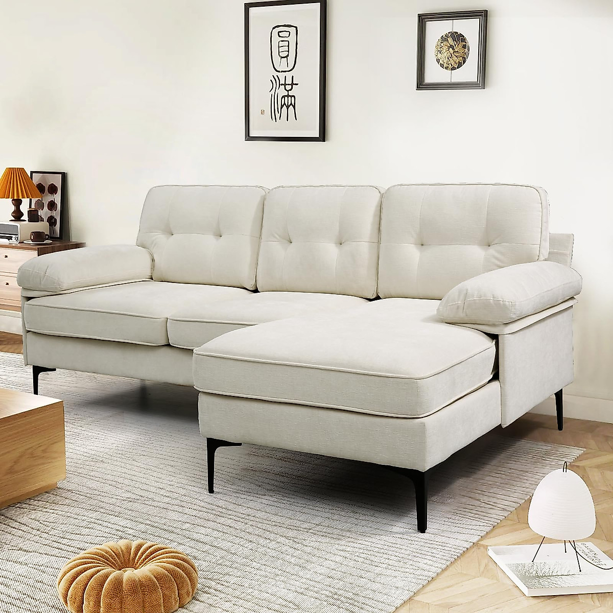 KIMOHOME 81" Modern Sectional Sofas Couches for Living Room, Chenille L-Shape Sofa Couch with w/Chaise, Small Couches for Small Spaces, Sofa with Solid Wood Frame (Beige)
