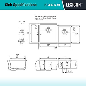 32" x 19" Quartz Kitchen Sink, 60/40 Double Bowl Sink, Drop-in Sink, Undermount Sink, Granite Kitchen Sink, White Kitchen Sink, Lexicon Platinum LP-6040-W-SO