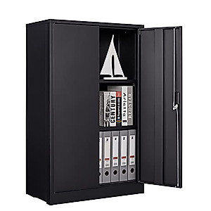 GREATMEET Metal Storage Cabinet with Locking Doors, Metal Cabinet with 2 Adjustable Shelves, Office Garage Steel Storage Cabinet with Door and Shelf(3 Shelves, Black)