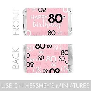 DISTINCTIVS Pink, Black, and White 80th Birthday Party Mini Candy Bar Wrappers - 45 Count, 80th Birthday Decorations for Women