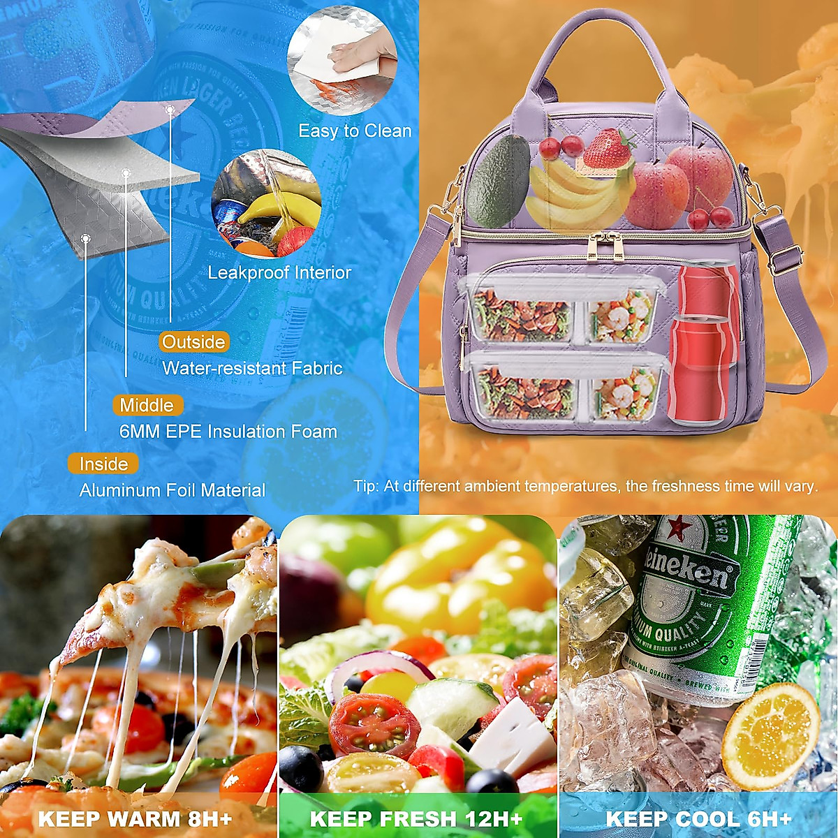 AIJIEKE Lunch Bag for Women, Work Lunch Box Insulated Lunch Bag, Double Deck Lunch Bag, Large Leakproof Lunch Tote Cooler Bag with Side Pockets & Adjustable Strap for Picnic, Light Purple