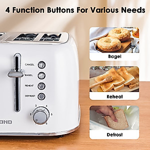 REDMOND Toaster 4 Slice, Retro Stainless Steel Toaster with Extra Wide Slots Bagel, Defrost, Reheat Function, Dual Independent Control Panel, Removable Crumb Tray, 6 Shade Settings and High Lift Lever, White, New Version