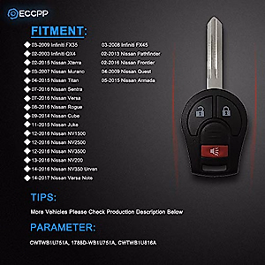 ECCPP Replacement fit for Uncut 315MHz Keyless Entry Remote Key Fob for Infiniti/Series CWTWB1U751A CWTWB1U816A (Pack of 2)