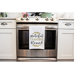 Grateful Thankful Blessed Kitchen Towel - 100% Cotton Dish Drying Flour Sack Towel - Holidays Thanksgiving Valentine Engagement Bridal Shower Newlywed Hostess Gift (Grateful Thankful Blessed)