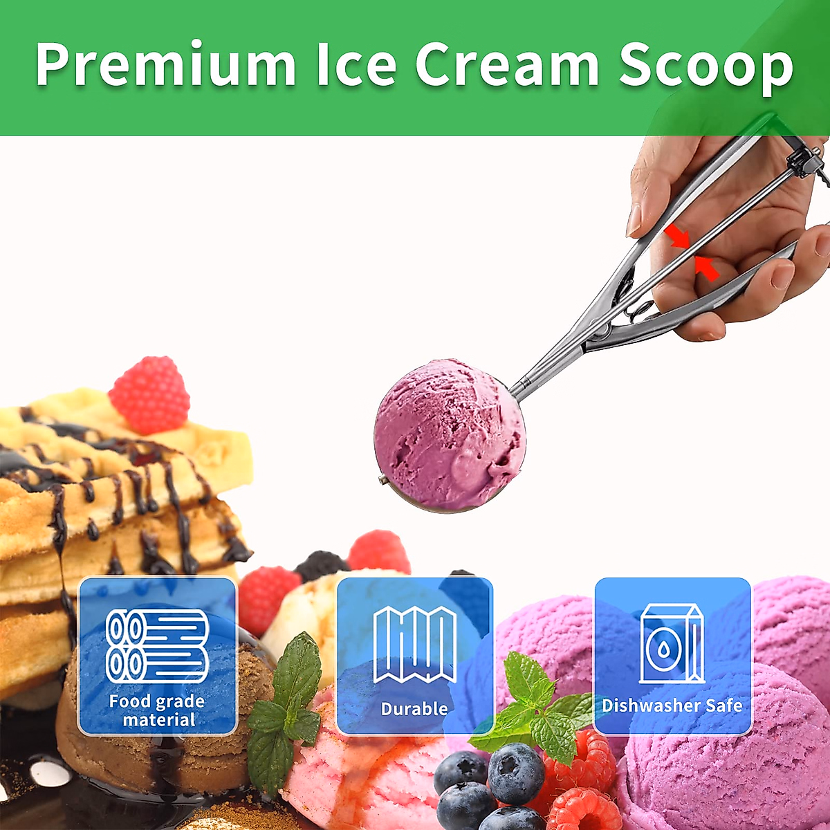 3PCS Ice Cream Scoop,Premium cookie scoop set,Small/Medium/Large stainless steel Scoops,Professional Ice cream Scooper with Trigger Release for Baking, Cookie, Fruit and Ice Cream by AOULELA