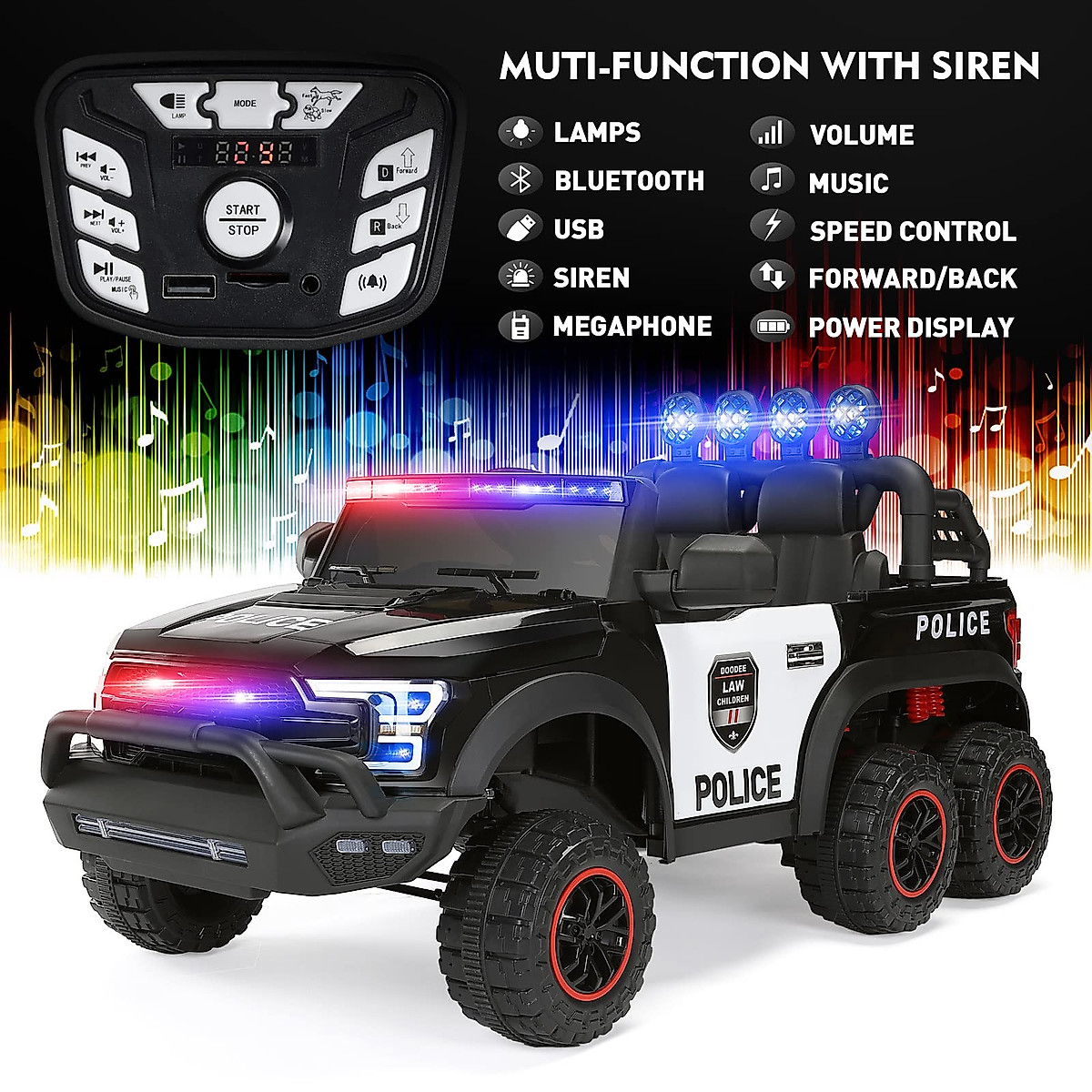 JOYLDIAS Kids Ride On Police Car, 12V Battery Powered Electric Cars W/2.4G Remote Control, 6 Wheels, Real Tailgate, Spring Suspension, LED Flashing Lights, Megaphone Siren Music & Horn Intercom