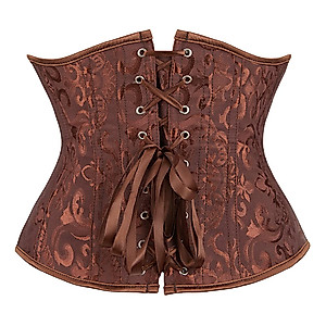 SHYMMUO Women's Underbust Brown Corset Top Satin Floral Lace Up Corset Cincher L