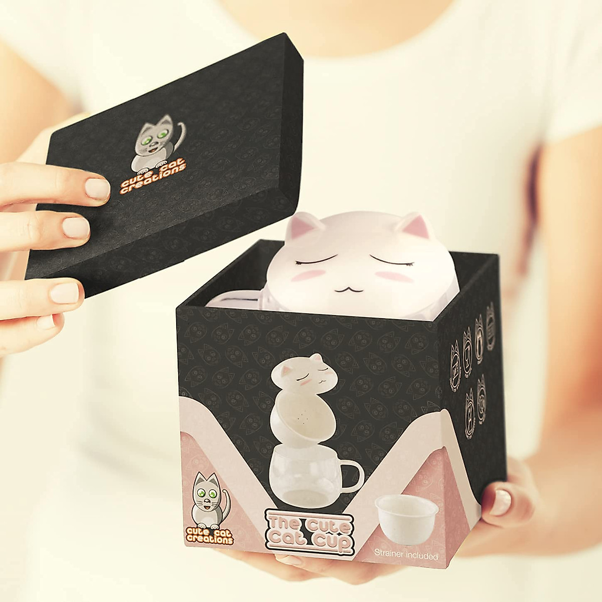 Cute Cat Creations, Crazy Cat LadyLovers Glass 300ml10oz Tea Cup with Tail Handle & Kitty Kat Ears Ceramic Lid, Kawaii Teacup with Ceramic Tea Leaf InfuserSteeperStrainer