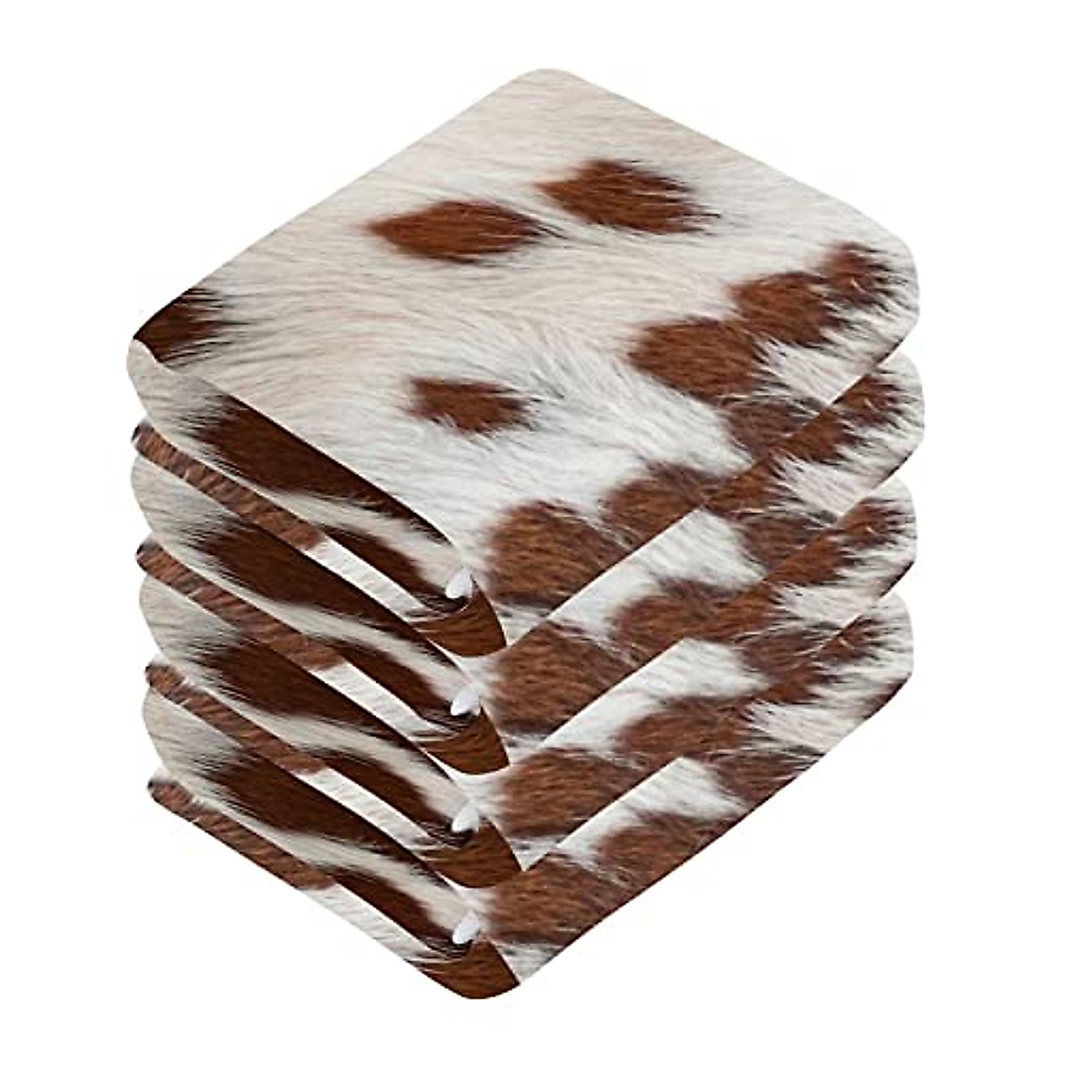 Cow Brown White Washcloth 12x12in Set, 4 Pack Absorbent Cotton Towel Square Kitchen Dishes Towels, Soft Cleaning Face Hand Towel Fast Drying