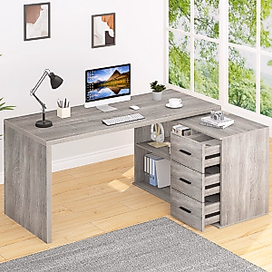 HSH 360° Rotating L Shaped Computer Desk with 3 Drawers and 2 Shelves, Home Office Swivel Desk for Work Writing Study Gaming, Reversible Wood Corner Desk with Storage Cabinet, Light Grey Oak, 55 Inch