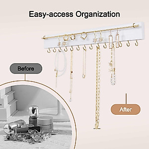 SCUNDA Wall Jewelry Holder Organizer, Adhesive Jewelry Organizer Wall Mount, Space-saving Jewelry Rack with 14 Hooks and Holder, Wooden Jewelry Shelf for Necklace, Earing, Ring, Bracelet(White)