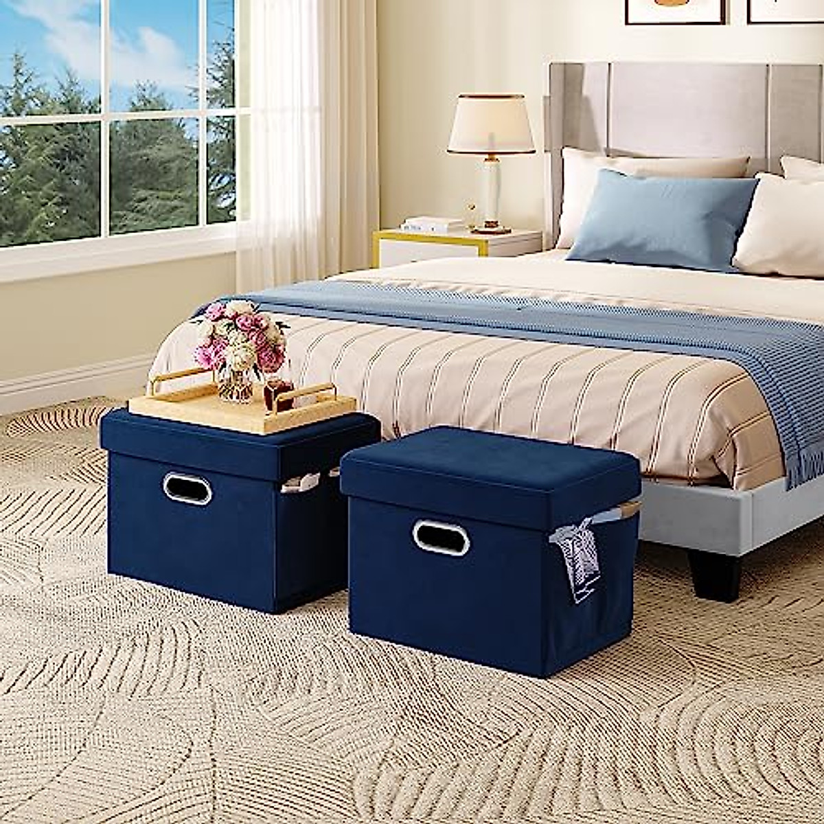 YITAHOME Foldable Storage Ottomans– Velvet Tufted Ottomans with Lid, Multipurpose Organizers for Bedroom, Living Room, Dorm or RV (Set of 2, Blue)