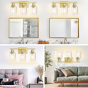 3-Light Brushed Gold Bathroom Light Fixtures, Brushed Brass Vanity Light Fixture Modern Bath Wall Sconce Lighting Wall Mount Lights Over Mirror with Clear Glass Shade for Living Room Bedroom Hallway