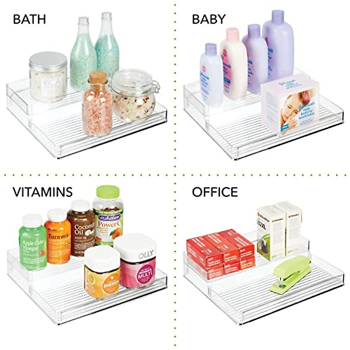 mDesign Plastic Kitchen Food Storage Organizer Shelves, Spice Rack Holder for Cabinet, Cupboard, Countertop, Pantry - Holds Jars, Baking Supplies, Canned Food - 2 Levels - 2 Pack - Clear