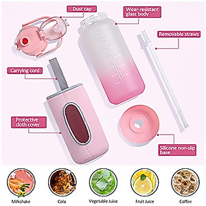 kytffu 64oz Glass Water Bottles with Straw, Half Gallon Motivational Time Marker Water Bottle Glass with Neoprene Sleeve, 2L Leakproof Large Glass Water Jug for Gym,Pink