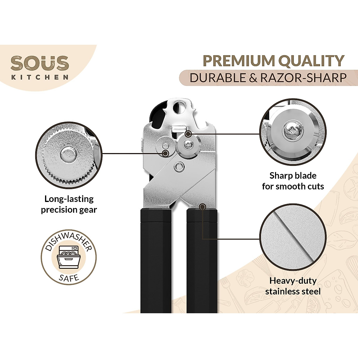 Sous Kitchen Heavy Duty Can Opener - Manual Can Openers With Premium Quality Razor Sharp Blades - Hand Can Opener Manual - Can Opener Heavy Duty For Everyday Use - Hand Held Can Openers For Kitchen