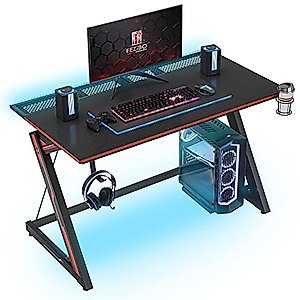 FEZIBO Gaming Desk 40 inch with LED Lighting, PC Computer Desk Gaming Table Z Shaped Gamer Workstation with Wire Mesh, Black