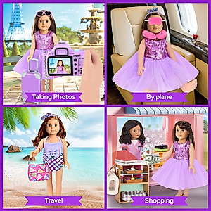30 PCS 18 Inch Girl Doll Accessories Suitcase Travel Play Set - Camera, Suitcase Stickers, Toiletries, Pillow, Blindfold, Sunglasses, Passport, Tickets, Cash, Fit for 18 Inch Girl Doll
