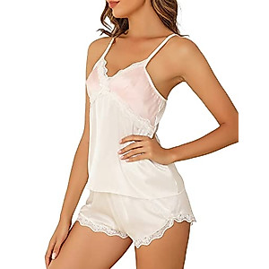 Quzzion Womens Satin Pajama Set V Neck Lingerie Two Piece Silk Sleepwear Cami Shorts Set Soft Nightwear Lace Trim Lingiere Shorty Pajamas，White