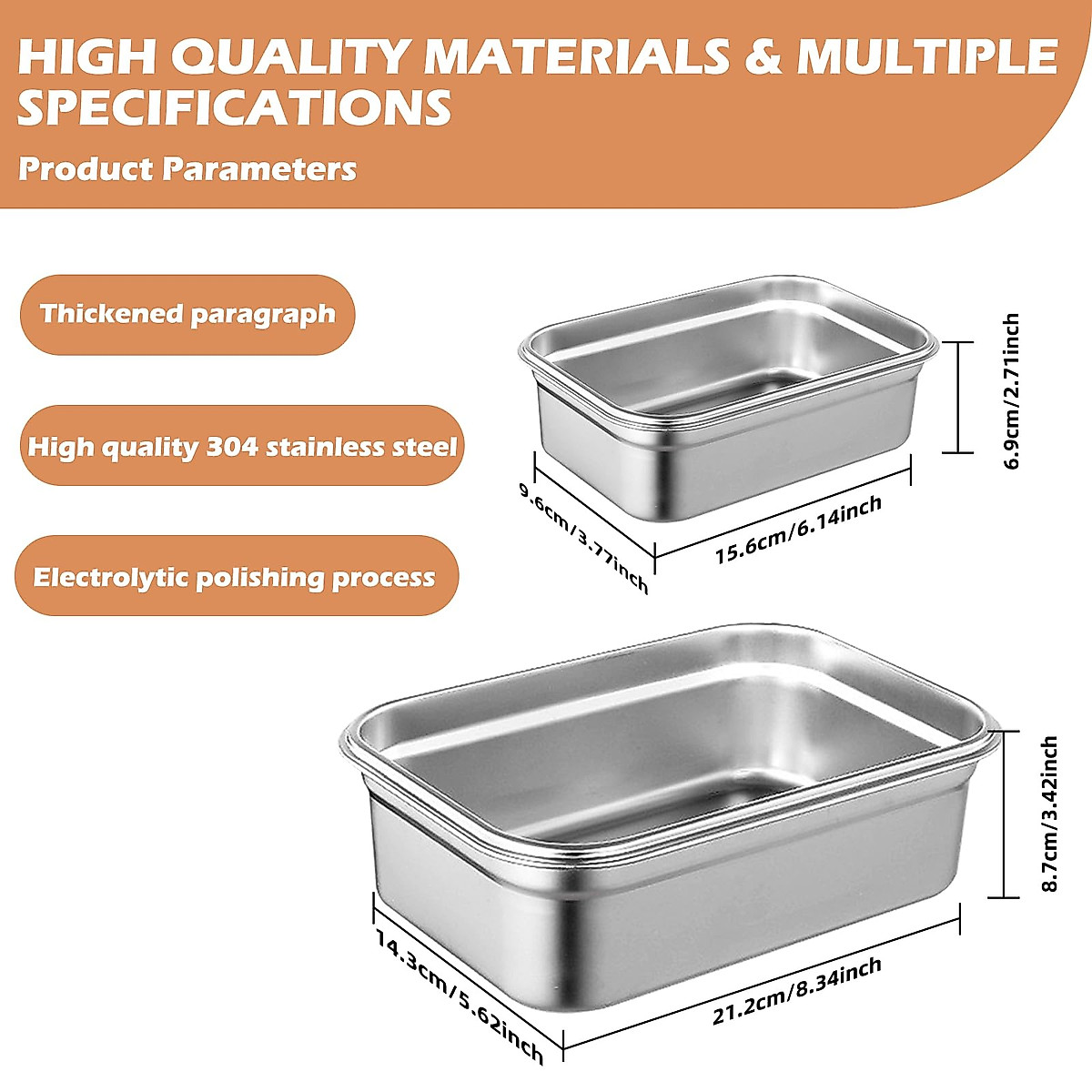 SCHBIT 2pcs Stainless Steel Food Containers 304 Stainless Steel Fruit Food Storage Box Metal Storage Container Set Stainless Steel Baking Pan for Oven Dishwsher Freezer,Safe Stackable 1000/2600ml