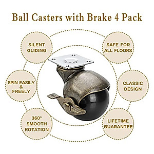 JGJC Casters Set of 4, Antique Brass Casters with Brake, 2 Inch Ball Castor Wheels for Furniture Casters Vintage Wheels Heavy Duty, Table Caster with 360 Degree Swivel Top Plate