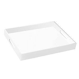 MIKINEE 12×16 Inches Glossy White Acrylic Serving Tray with Handles Ottoman Tray Decorative Tray Spill-Proof Water-Proof Coffee Table Space Saver Countertop Organizer Platter with Safe Edge