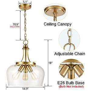 TEENYO Modern Gold Pendant Light Mid Century 3-Light Clear Glass Pendant Lighting with Adjustable Chain Brass Glass Pendant Lights Kitchen Island for Dining Room Bedroom Living Room