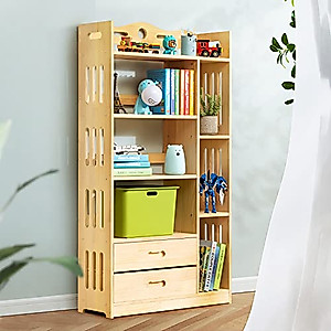 MoNiBloom 4 Tier Bookcase with Open Shelves and 2 Drawers, Large Modern Wood Heavy Duty Storage Display Stand Rack for Living Room, Natural