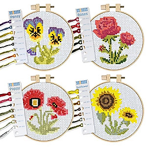 Cross Stitch Kits for Beginners (Flower Theme - 6.75 Inch - 4 Pack 1 x Embroidery Hoop) DIY Embroidery Needlepoint Patterns for Adults, Includes Poppy, Rose, Sunflower and Pansy. Complete Set Included