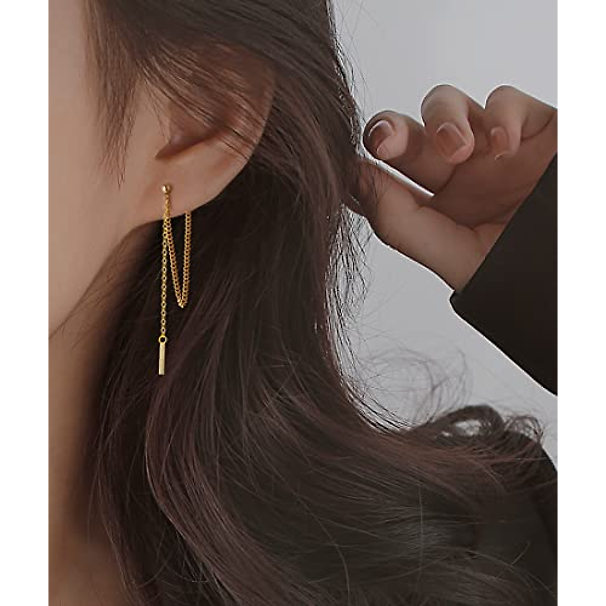 SLUYNZ 925 Sterling Silver Bar Dangle Earrings for Women Teen Girls Minimalist Dangle Earrings Threader Chain