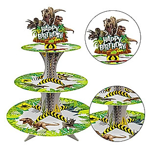Dinosaur Cupcake Toppers 24Pcs and Dinosaur Cupcake Stand Jurassic Birthday Party Supplies Set for Kids Boys Dinosaur Theme Birthday Party Decorations 3 Tier Dino Cardboard Cupcake Stand Topper