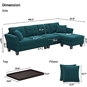 Belffin Convertible Sectional Couch Velvet L Shaped Sofa 4 Seat Sofa with Chaise L-Shaped Couches Reversible Sectional Sofa Peacock Blue