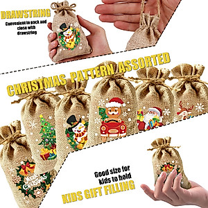 LOMIMOS 36PCS Christmas Burlap Drawstring Bags，Xmas Reusable Linen Jute Gift Goody Candy Wrapping Treat Bags for Snacks Holiday Party Favor Supply(4x6in)