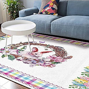 LBHAUSE Large Rectangle Area Rugs for Bedroom Living Room 4'x6', Happy Easter Area Carpet Non Slip Washable Floor Carpet Runner Throw Rug Dining Home Decor Bunny Spring Floral Wreath Plaid