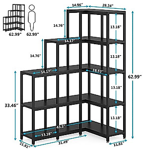 Tribesigns 5-Tier Corner Bookshelf, 63” Tall Modern L-Shaped Bookshelf Corner Bookcase, 17 Shelves Black Stepped Bookcase Display Rack Storage Shelf for Living Room Home Office (Black)
