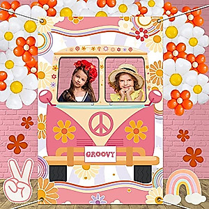 Hippie Photo Booth Props, Hippie Bus Prop Groovy Bus Photo Booth for 60'S 70'S Party, Hippie Party Decorations, Daisy Bus Photo Prop Two Groovy Birthday Decor, Groovy Photo Booth Frame - 59 × 39.4 in