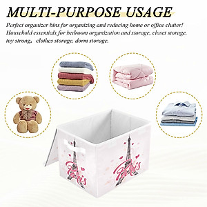 SUABO Paris Eiffel Tower Storage Bin with Lid, Pink Large Oxford Cloth Butterfly Love Storage Boxes Foldable Home Cube Baskets Closet Organizers for Nursery Bedroom Office