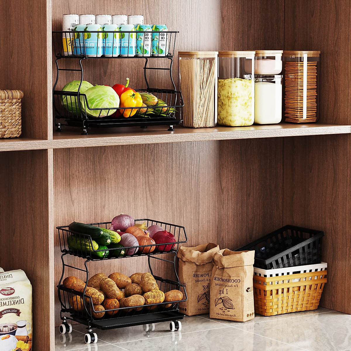 Onion and Potato Storage, Packism 4 Tier Fruit Vegetable Storage Basket with Protective Mats, Rolling Cart Vegetable Storage with Lockable Wheels for Kitchen, Bathroom, Pantry - Black