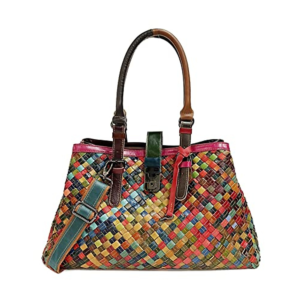 Women Multicolor Splicing Genuine Leather Handbag Designer Hand Woven Satchel Purses Top Handle Shoulder Totes Crossbody Bag (Multicolor)