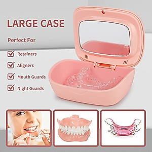 MURRI&MURRDI Retainer Case,Denture Case,Denture Bath Box with Strainer Basket,Cute Denture Holder Storage Soak Container for Travel Cleaning, Mouth Guard Case, Braces cleaner Cup (H Pink)