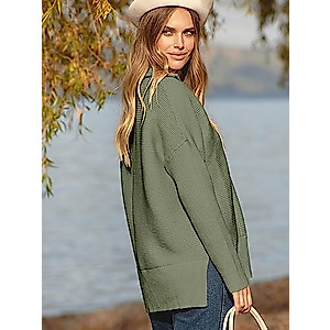 ANRABESS Womens 2023 Fall Oversized Zip Sweaters Long Sleeve V Neck Collar Casual Loose Baggy Ribbed Knit Pullover Quarter Zip Tunic Sweater with Slit B770kaqilv-L Dark Green
