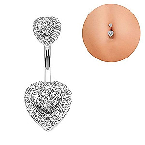 14G Double Heart Diamond Cubic Zirconia Navel Belly Button Ring Surgical Steel Piercing Jewelry (Steel)