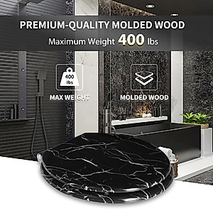Angel Shield Marble Toilet Seat Durable Molded Wood with Quiet Close,Easy Clean，Quick-Release Hinges (Round,Black Marble)