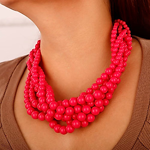 Wiwpar Simulated Pearl Cluster Chunky Pearl Bead Necklace Multi Strand Twisted Pink Pearl Statement Bib Collar Necklace Jewelry Pearl Necklace and Earring Set for Girls Prom (pink)