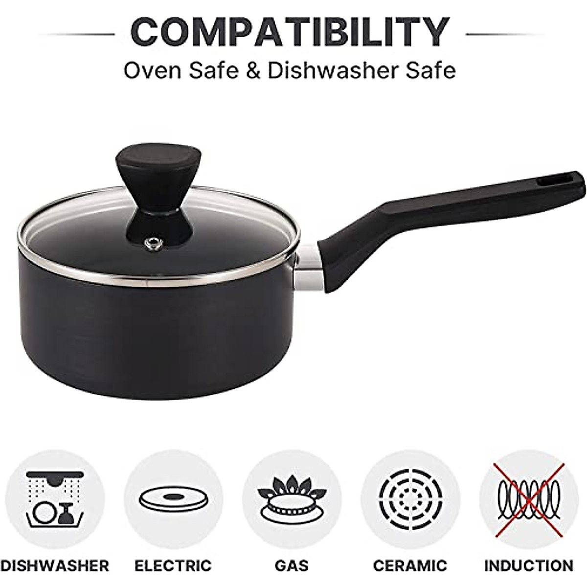 1.5 Quart Nonstick Sauce Pan Hard-Anodized Aluminum with Lid and Cool Touch Handles, Black