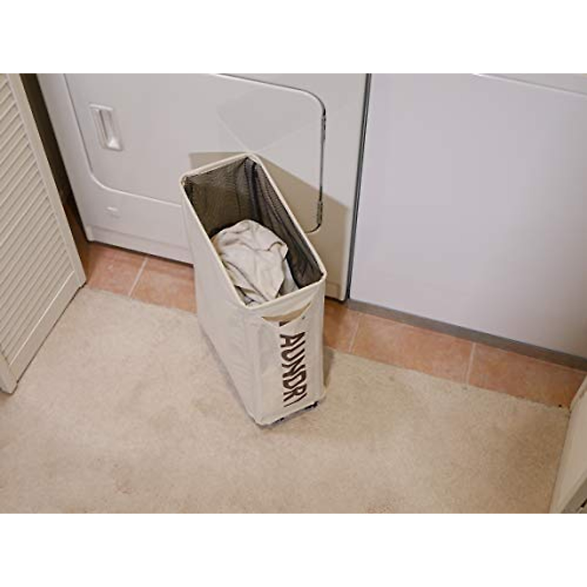 Topline Collapsible Laundry Hamper with Lockable Wheels, Slim Rolling Clothing Basket with Mesh Drawstring Closure - Beige