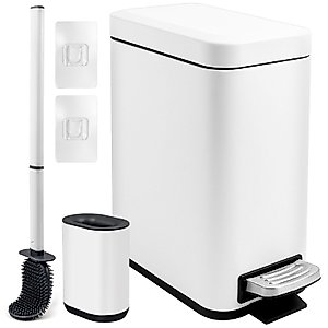 M-Aimee Slim Trash Can and Toilet Brush Combo, Stainless Steel Garbage Can, 1.3 Gallon / 5 Liter, Rectangle Step Small Garbage bin, Soft Close, Removable Plastic Bucket (White)