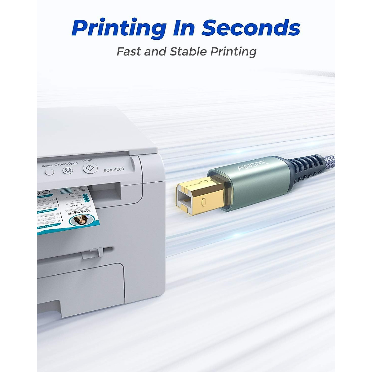 AINOPE Printer Cable USB A to USB B Printer Cable High-Speed Nylon Braided USB 2.0 MIDI Cable for HP Canon Brother Dell Epson Lexmark DAC, 10ft/Grey